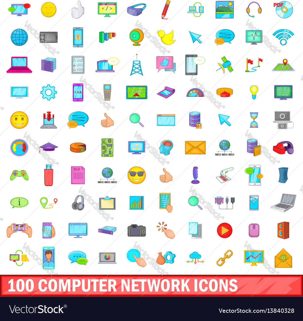 100 computer network icons set cartoon style Vector Image