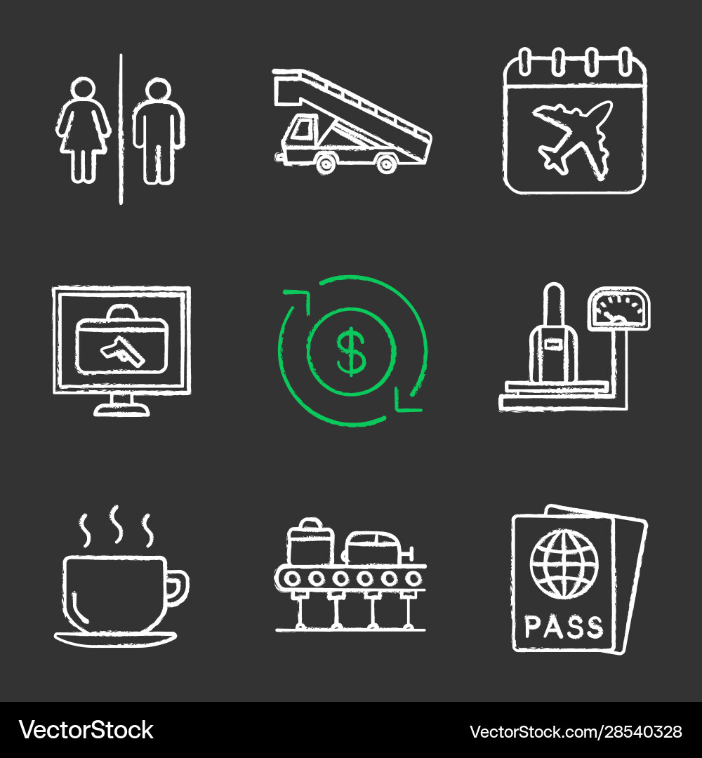 Airport service chalk icons set Royalty Free Vector Image
