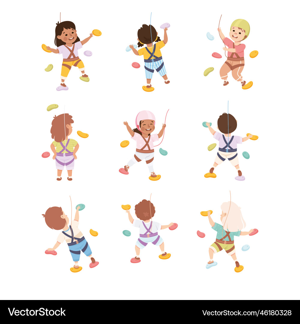 Happy kids climbing wall crawling up equipped Vector Image