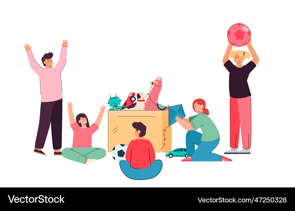 Kids of different age playing with box full Vector Image