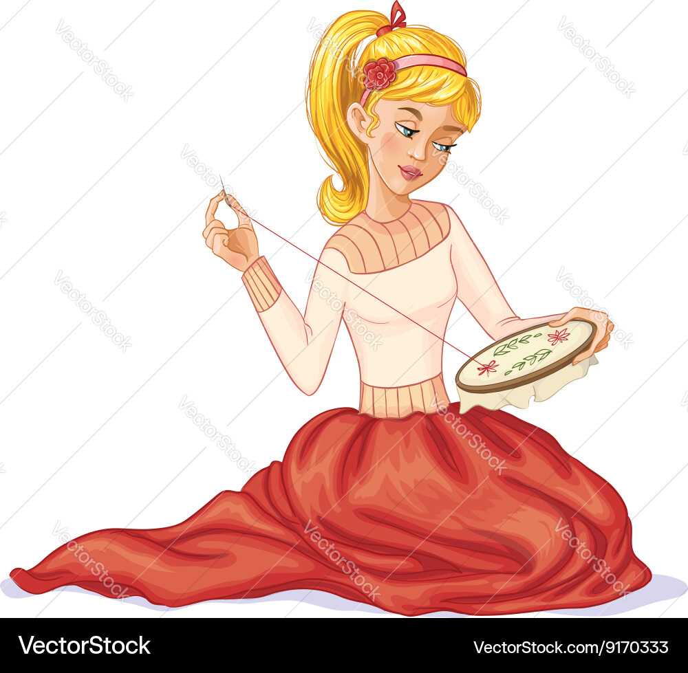 Beautiful girl embroiders pattern in lace-frame Vector Image