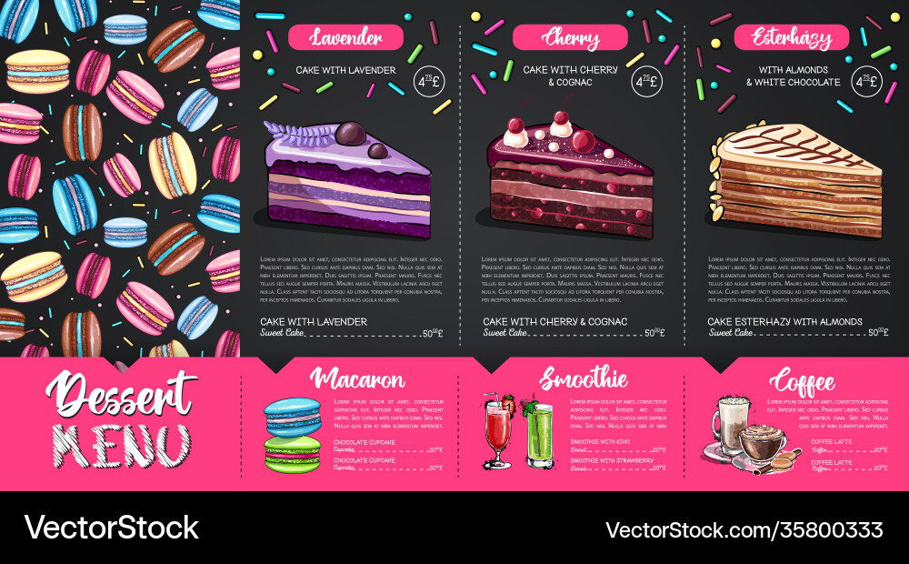 Dessert menu design with sweet macaroons and cakes