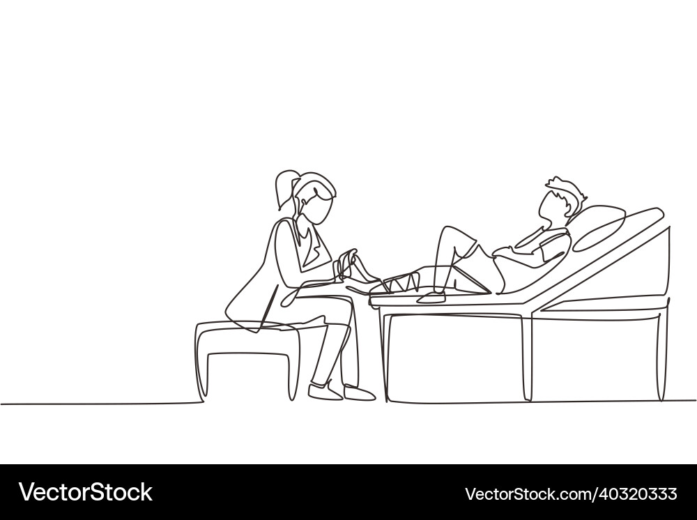 Single one line drawing doctor bandage broken leg Vector Image