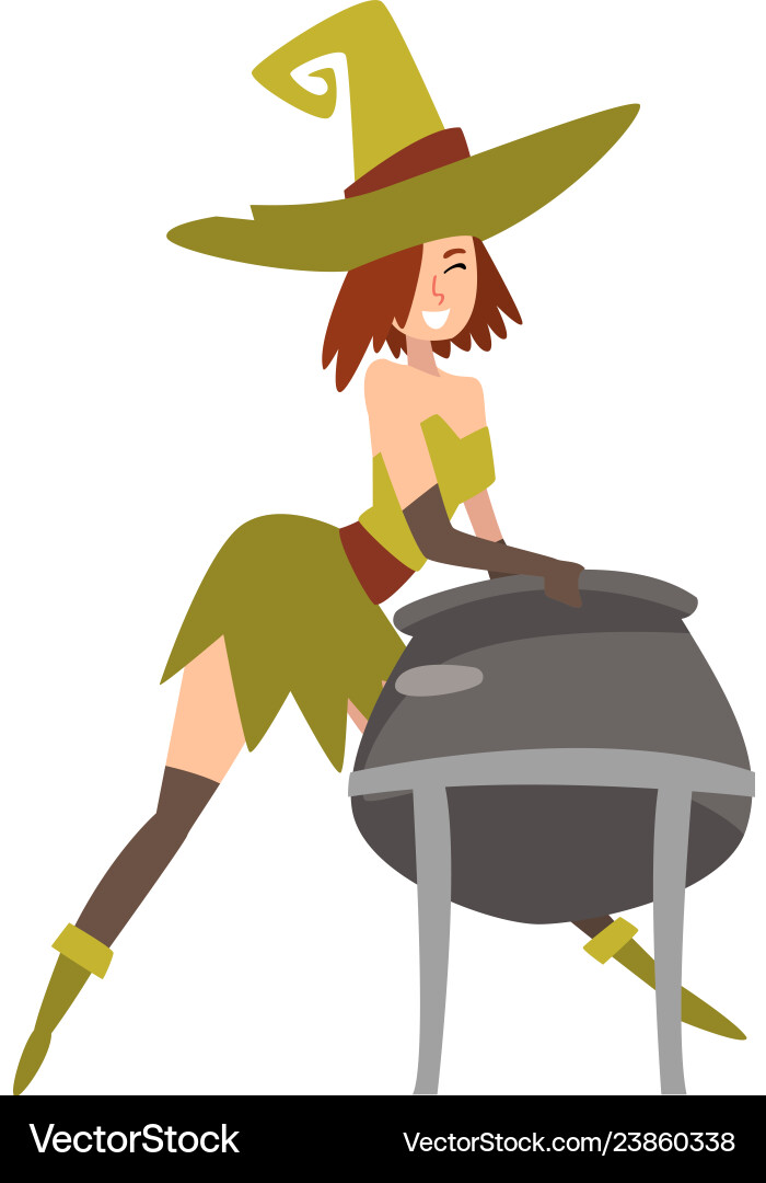 Beautiful witch with cauldron of potion charming Vector Image