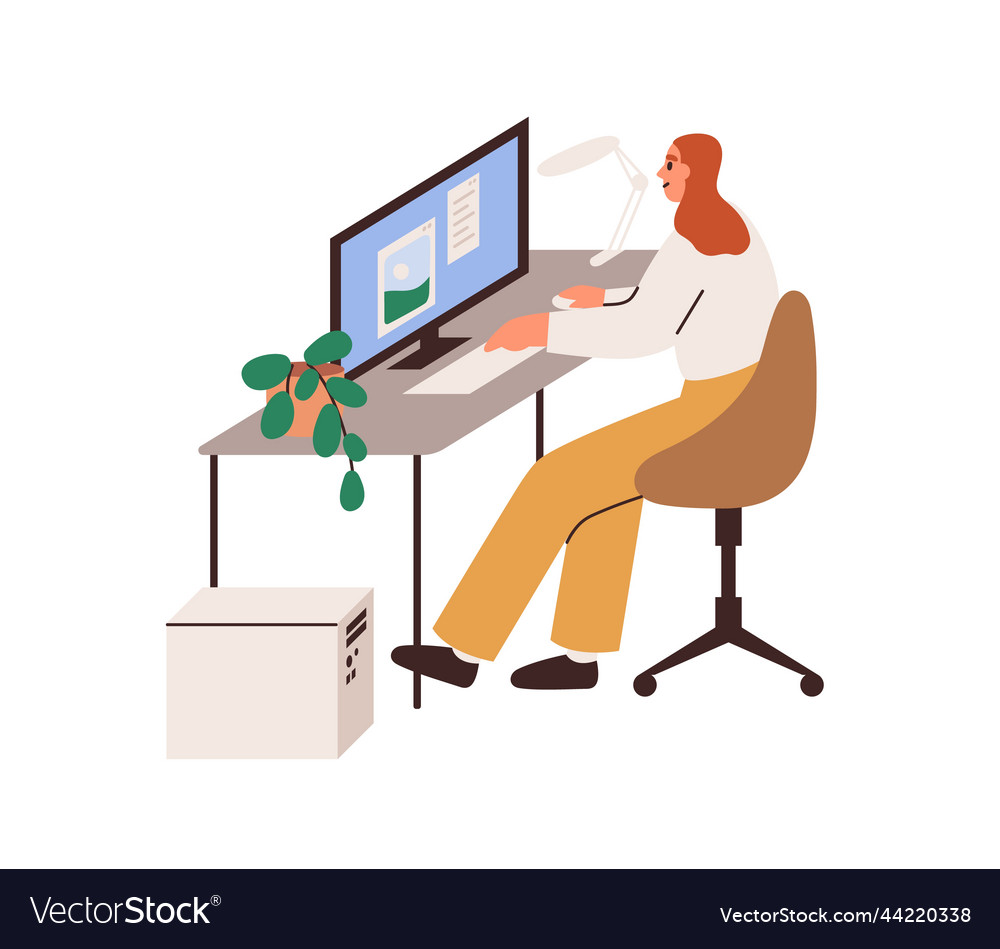 Creative employee at computer desk work Royalty Free Vector