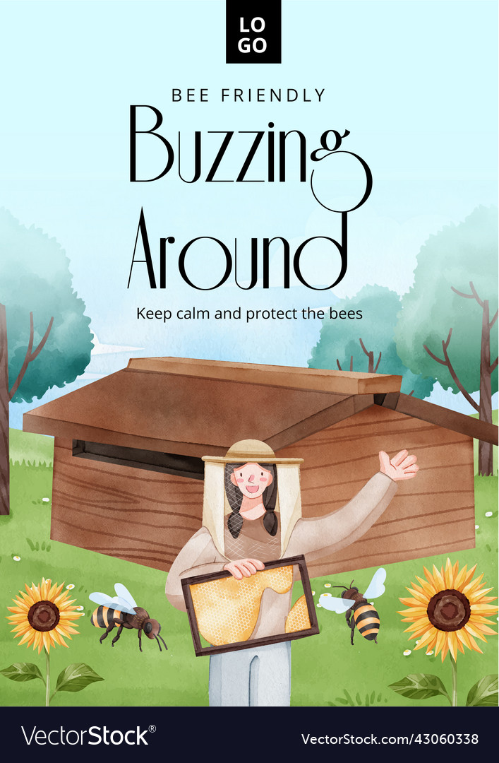 Poster template with honey bee conceptwatercolor Vector Image