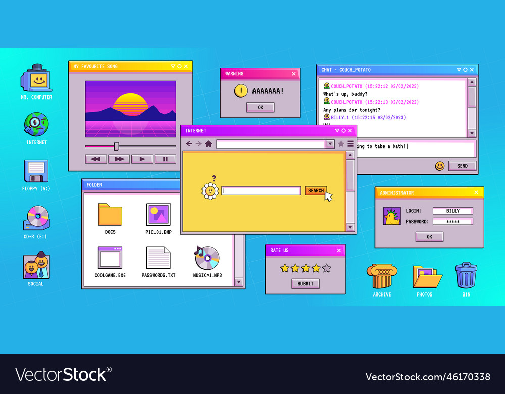 Retro software windows on computer desktop Vector Image