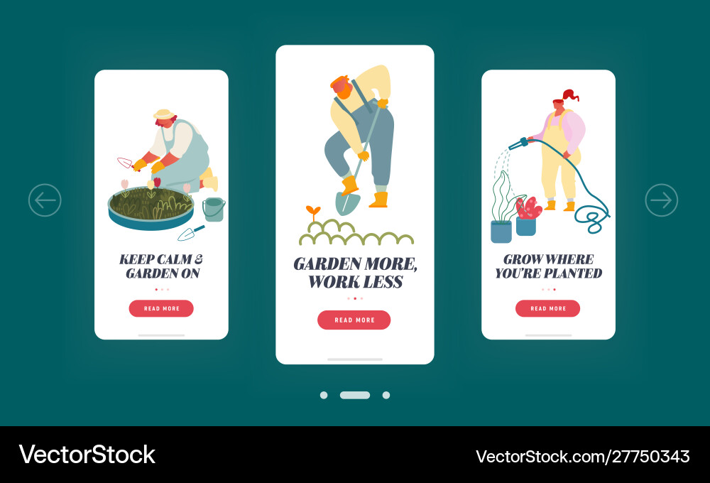 Gardening hobby mobile app page onboard screen set