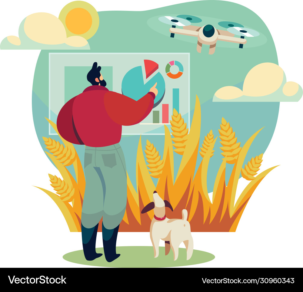 Man with dog control drone in field concept Vector Image