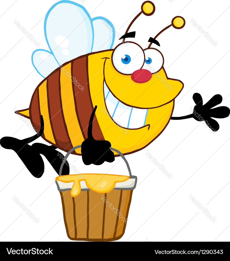 Smiling bee flying with a honey bucket Royalty Free Vector