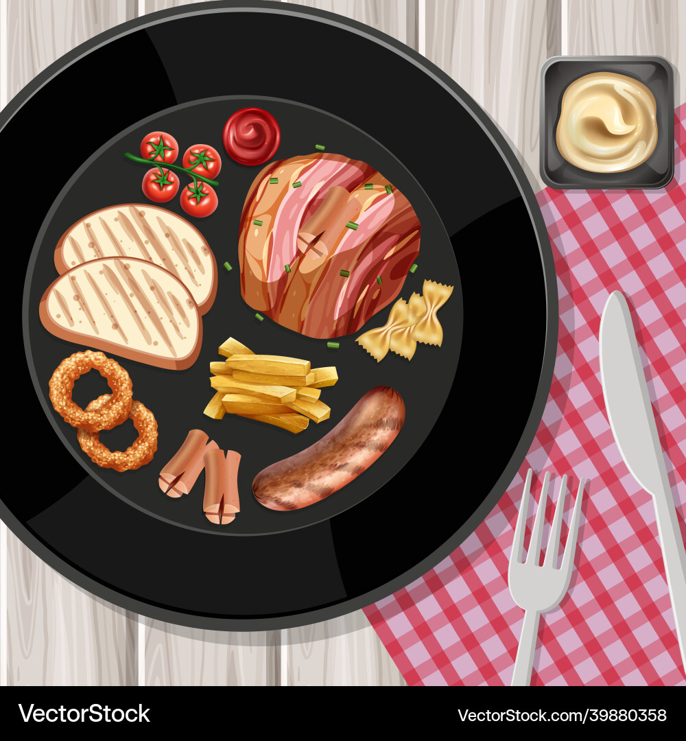 Breakfast set in a dish cartoon style Royalty Free Vector