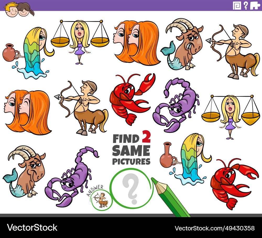 Find two same cartoon zodiac signs educational Vector Image