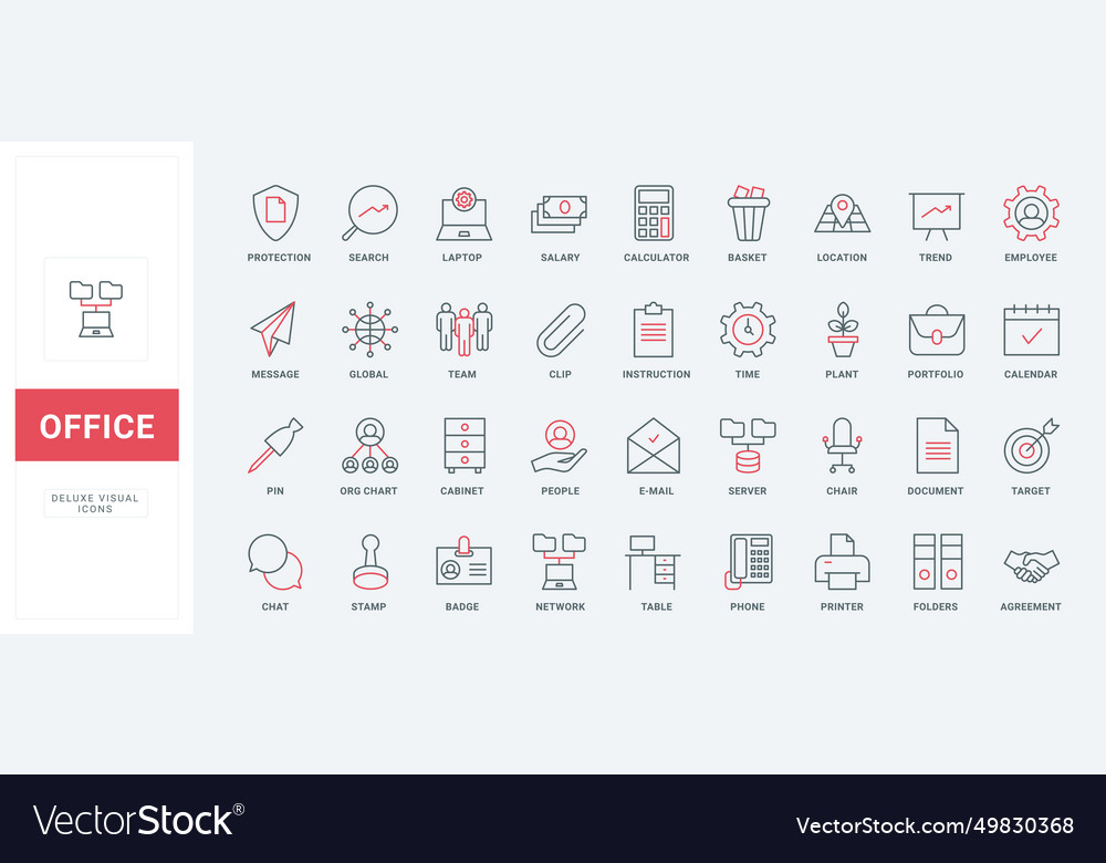 Office work thin black and red line icons set Vector Image