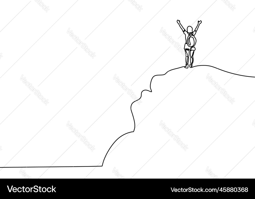 One line drawing person raising hands on peak Vector Image