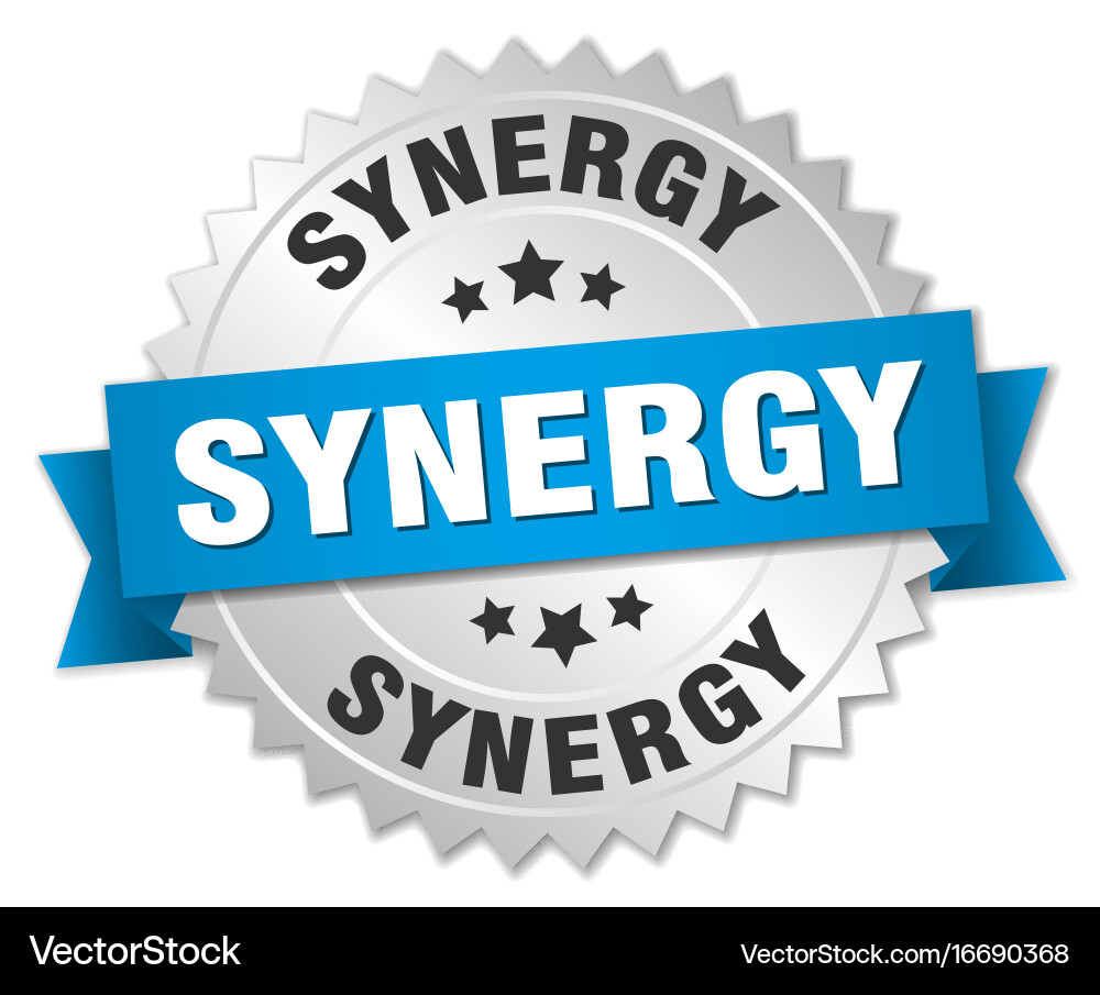 Synergy round isolated silver badge Royalty Free Vector