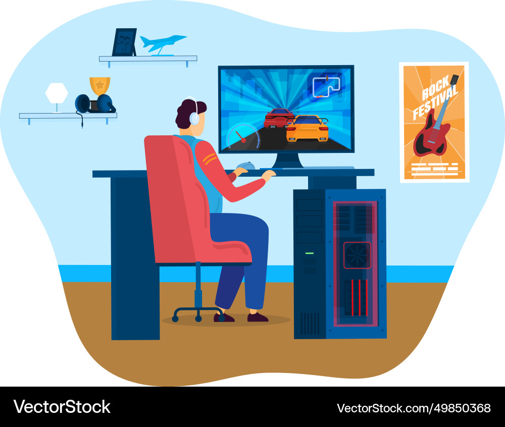 Young male gamer playing racing game on computer Vector Image