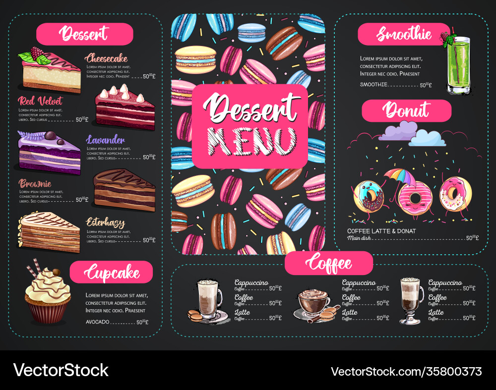 Dessert menu design with sweet macaroons and cakes
