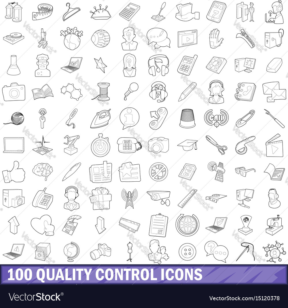 100 Quality Control Icons Set Outline Style Vector Image