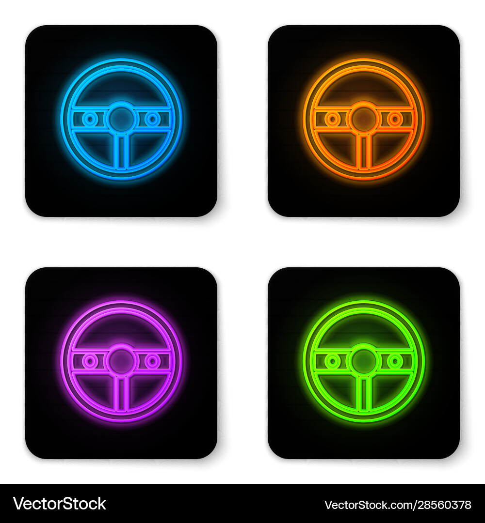 Glowing neon steering wheel icon isolated on white