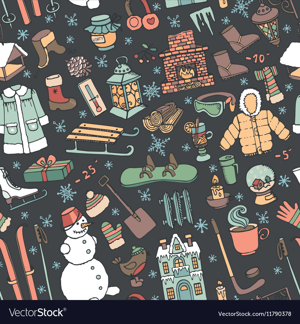 Winter doodle seamless patterncolored elements Vector Image