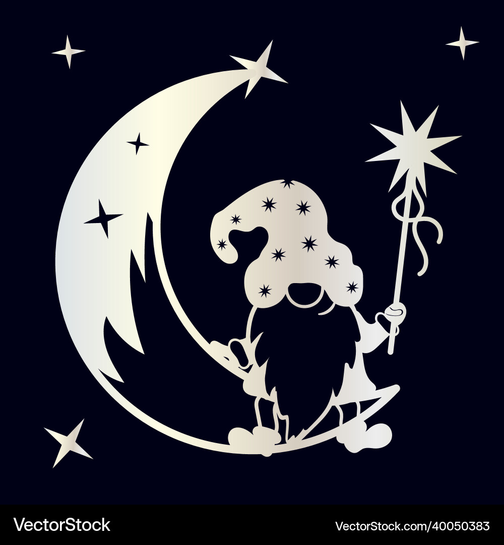 A fabulous gnome with magic wand sits Royalty Free Vector