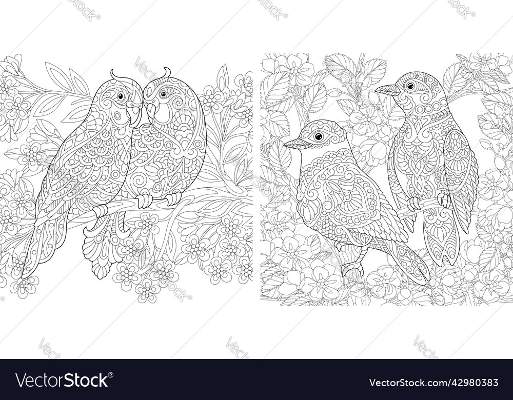 Coloring pages with birds in the garden Royalty Free Vector