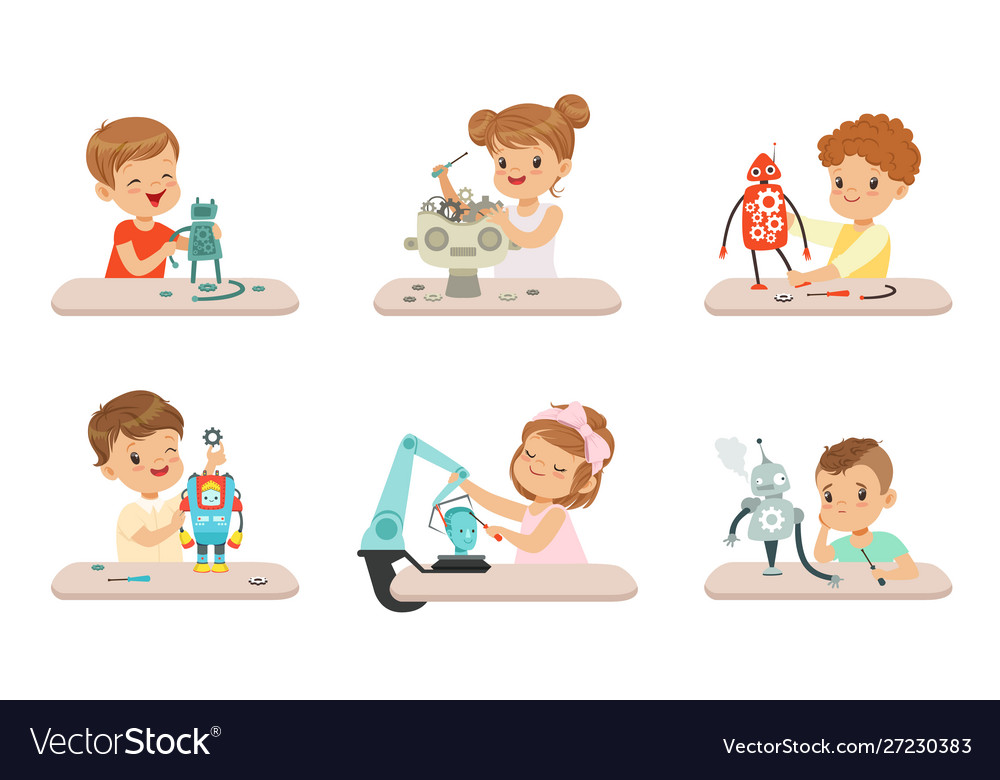 Cute little kids programming and creating smart Vector Image