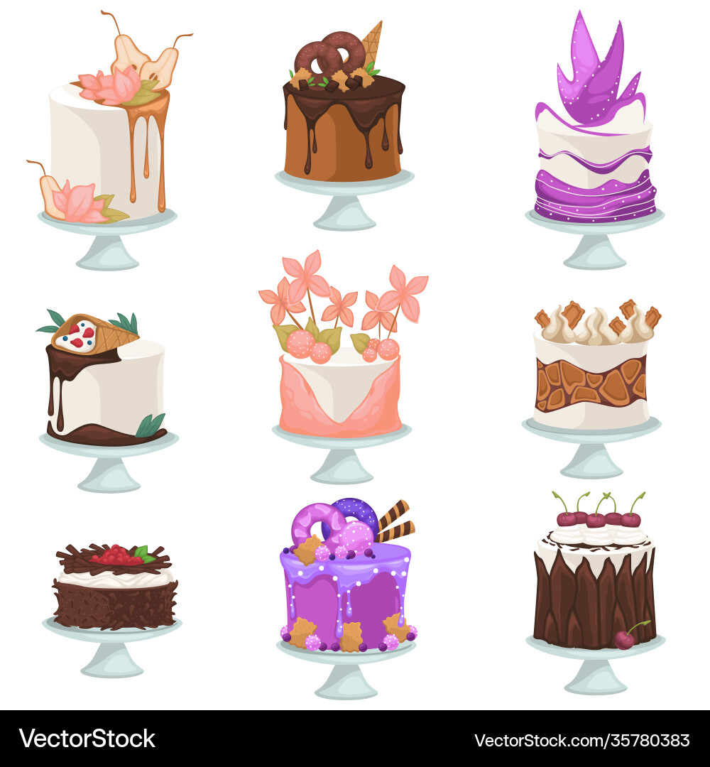 Delicious cakes with chocolate topping bakery Vector Image