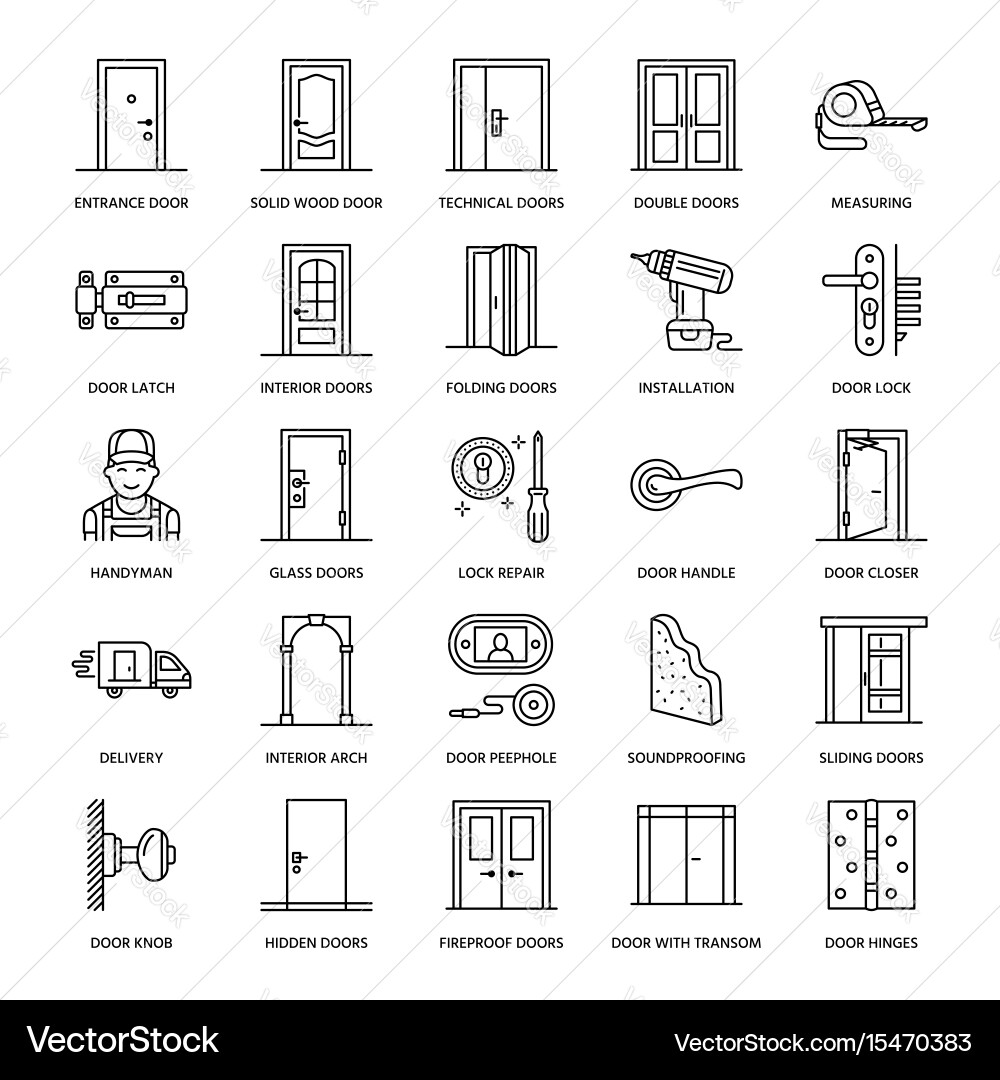Doors installation repair line icons various Vector Image