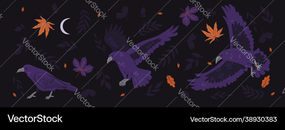 Horizontal banner with crows and autumn leaves Vector Image