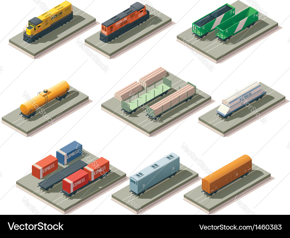 Isometric trains and cars Royalty Free Vector Image