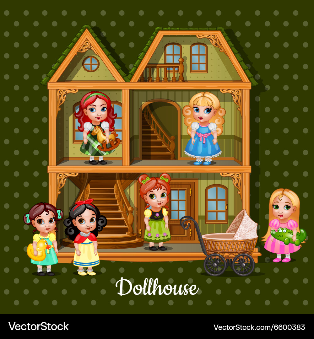 Modern three-storey dolls house with six dolls Vector Image