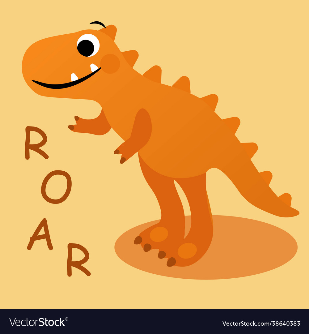 Roar text lettering and funny orange dinosaur cart