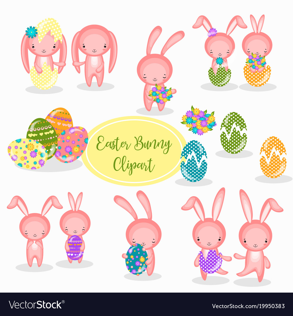Set of cute easter bunny eggs and flowers Vector Image
