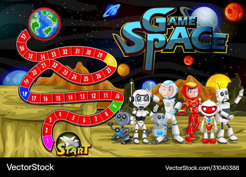 Game space snake ladder with robots cartoon Vector Image