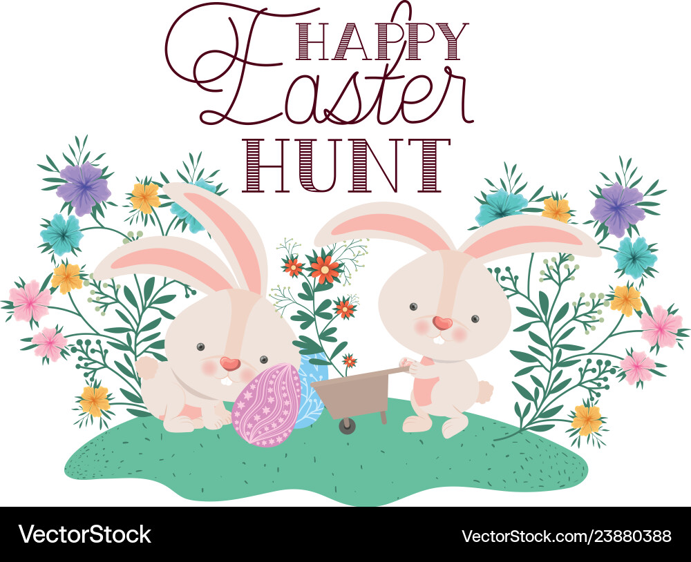 Happy easter hunt label with egg and flowers icon Vector Image
