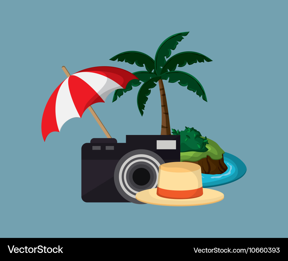 Camera with vacation travel icons image Royalty Free Vector