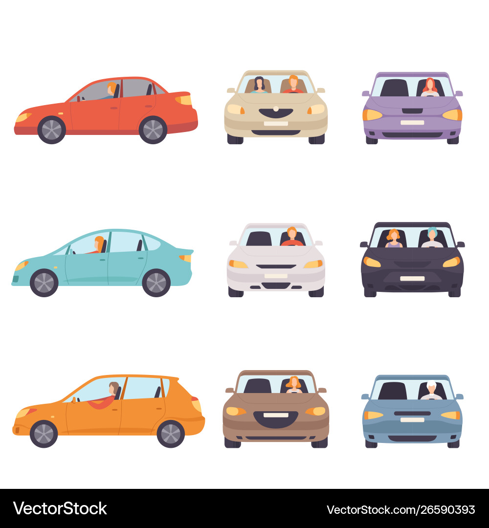Cars with drivers set side and front view flat Vector Image