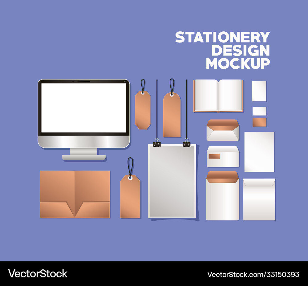 Computer and mockup set on blue background Vector Image