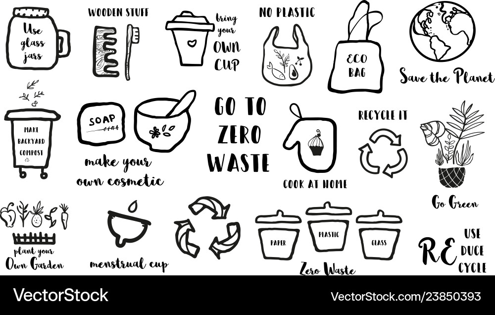 Hand drawn doodle elements of zero waste lifestyle