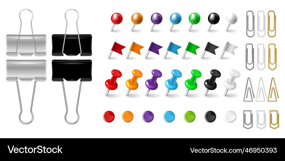 Office paperclips pins clamps realistic set Vector Image