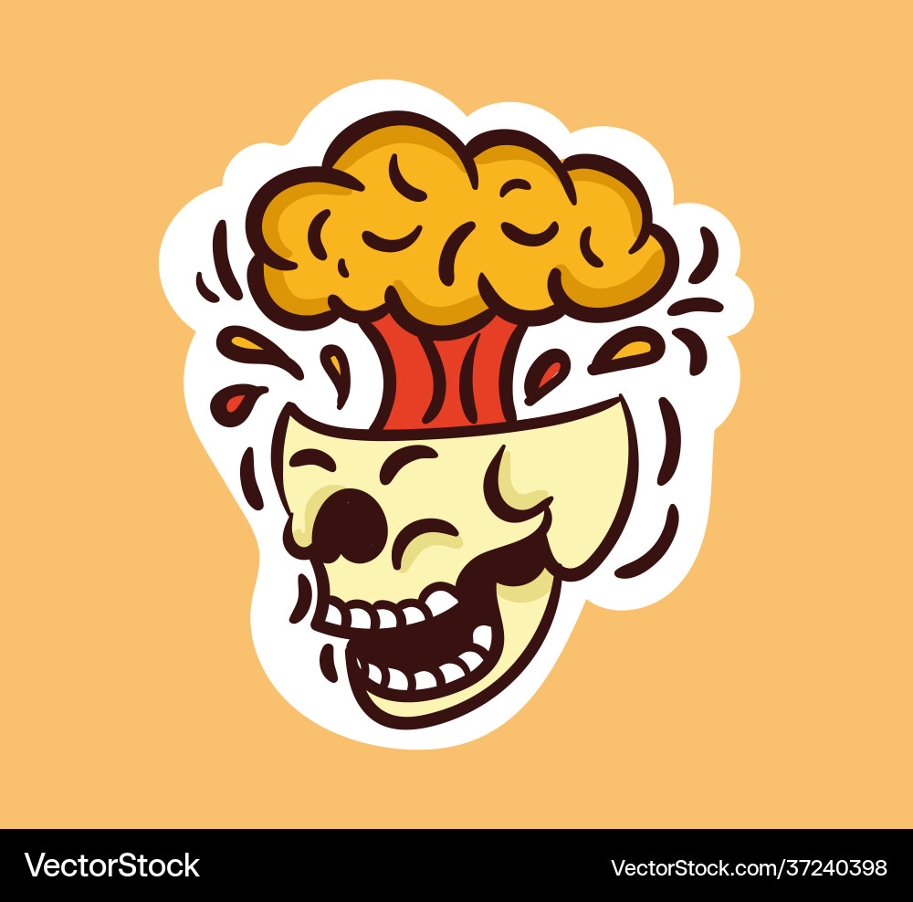 Colorful screaming skull sticker with brain Vector Image