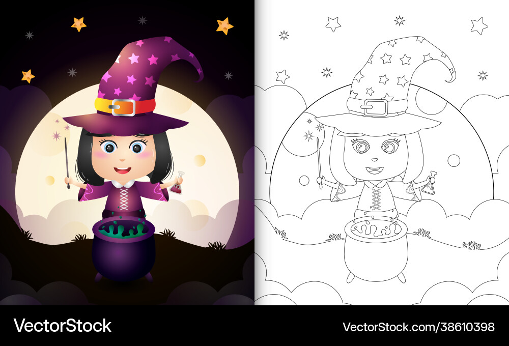 Coloring book with a cute witch halloween Vector Image