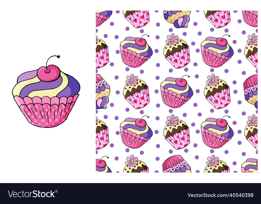 Cupcake muffin set of element and seamless pattern