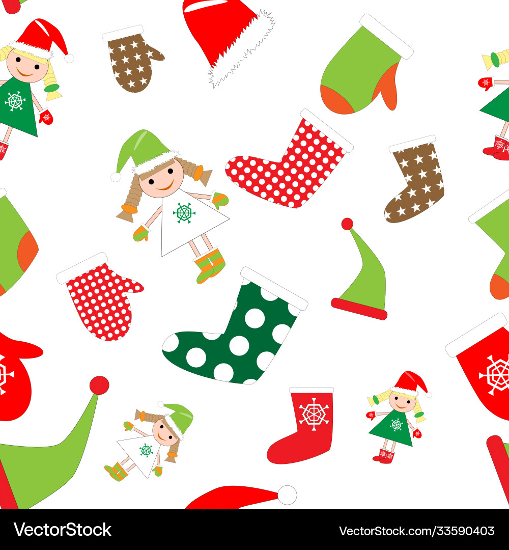 Christmas seamless pattern with elf girl mitten Vector Image