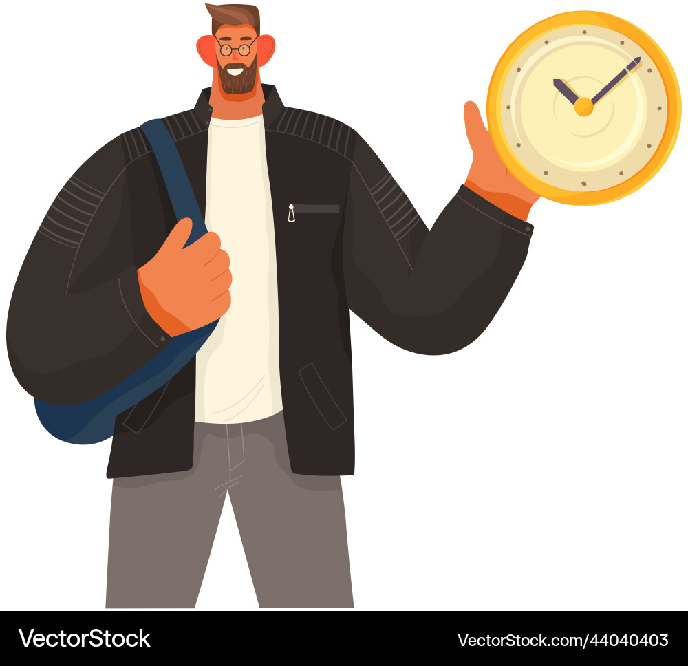 Man holding clock in hand to delay time character Vector Image