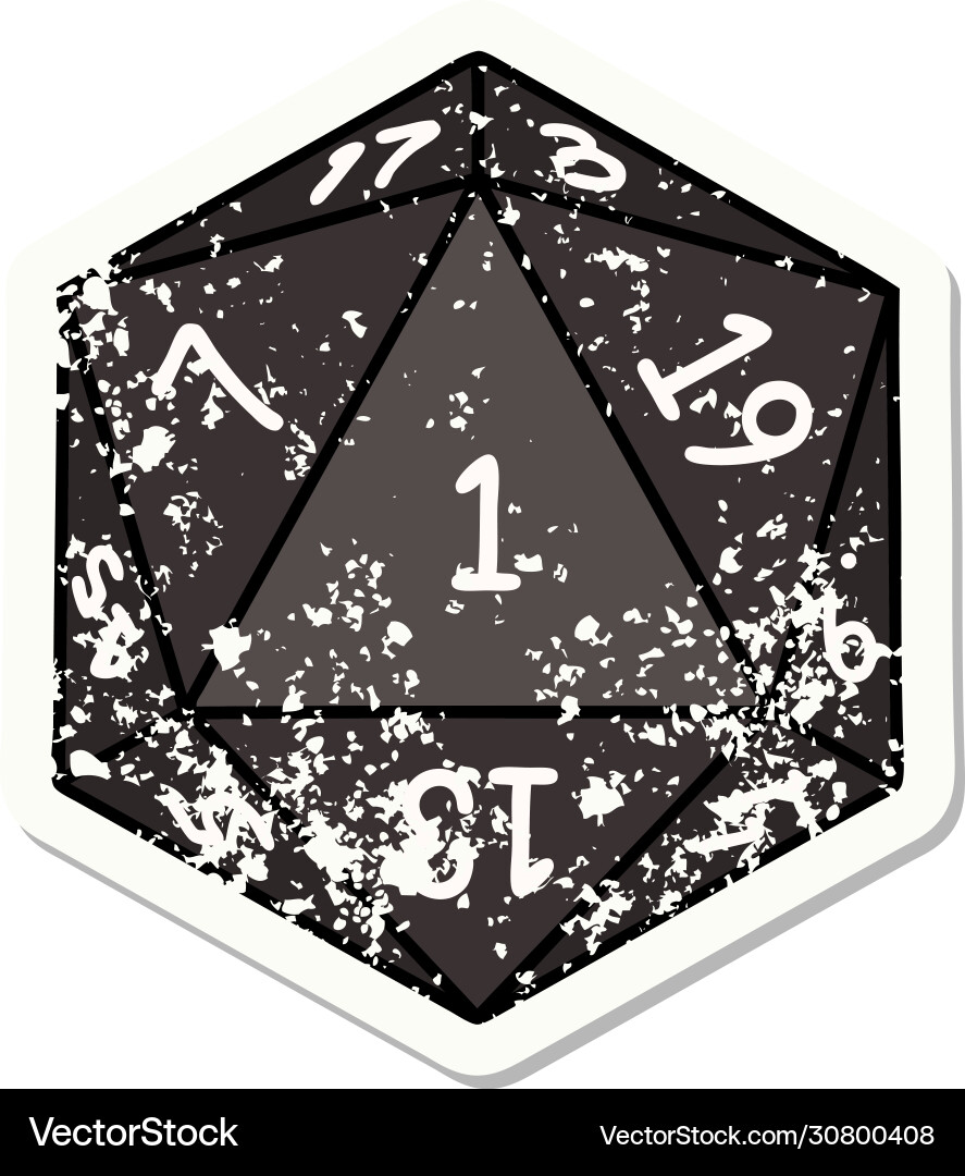 Natural 1 d20 dice roll grunge sticker Royalty Free Vector