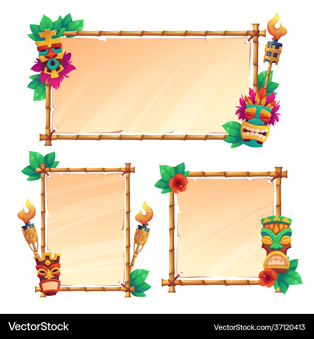 Bamboo frames with tiki mask parchments and torch Vector Image
