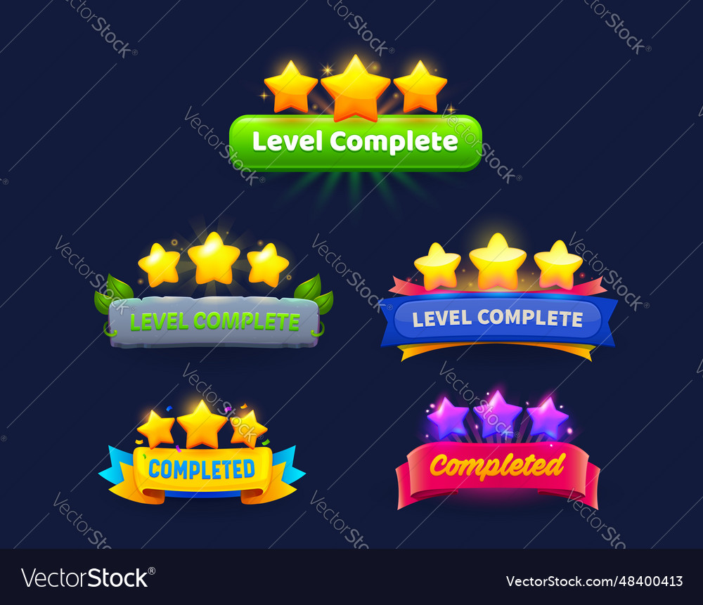 Game level complete or up badge icons set Vector Image Game level complete or up badge icons set Vector Image