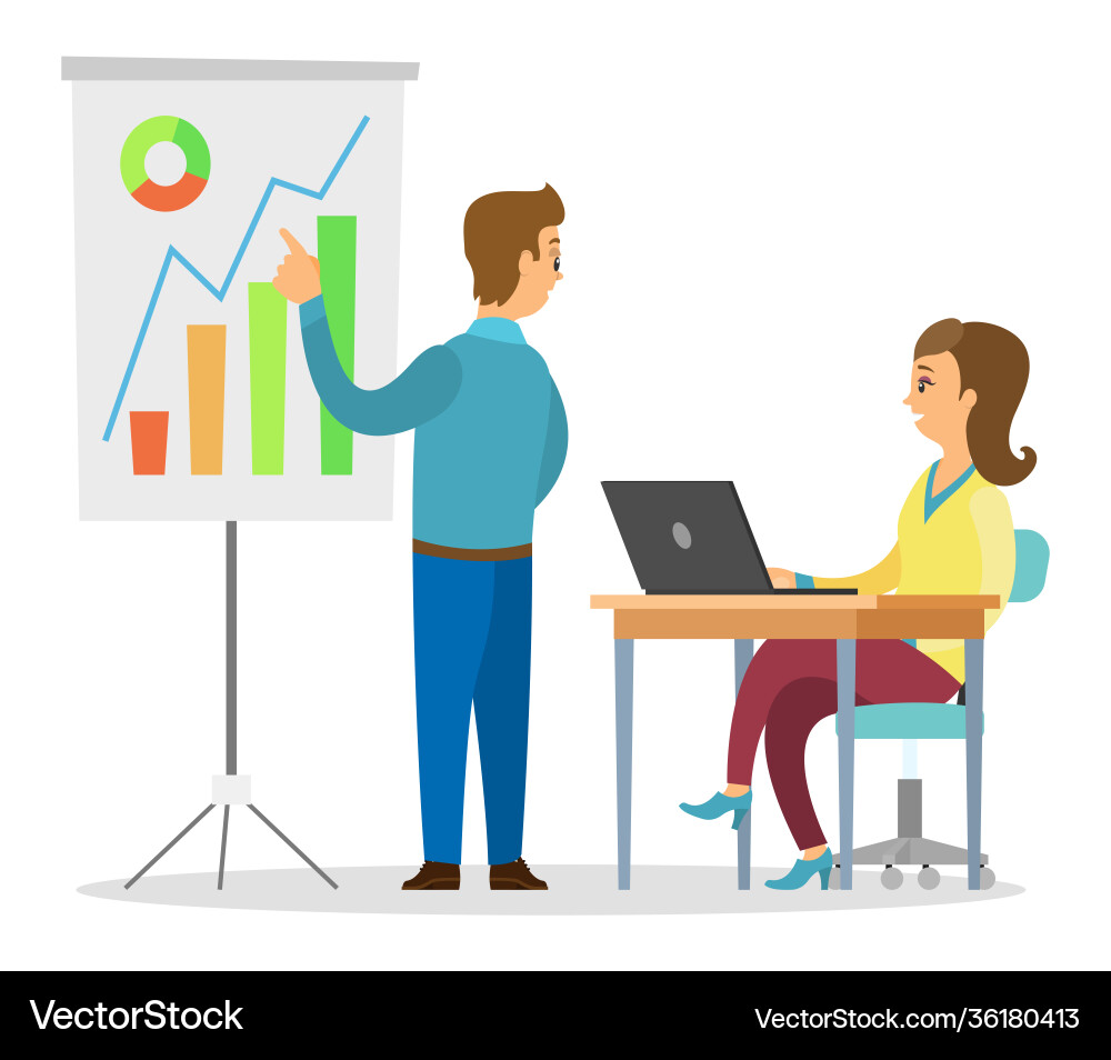 Woman looking at graphs on board sitting table Vector Image